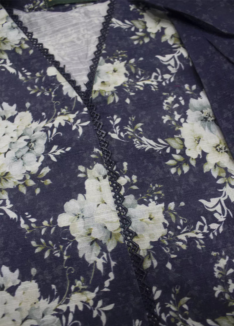3 Piece Printed Navy Blue Khaddar Frock with Trouser & Dupatta – Bin ...